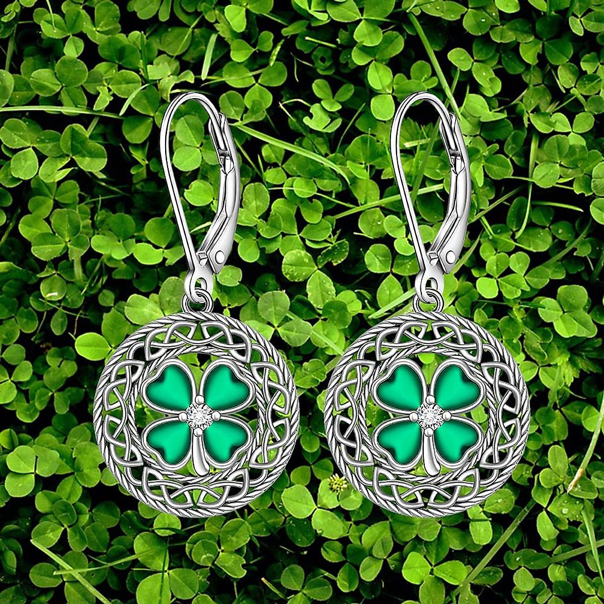Shamrock Earrings St Patricks Day Earrings for Women Celtic Knot Irish Leverback Drop Sterling Silver Four Leaf Clover Earrings Green Jewelry