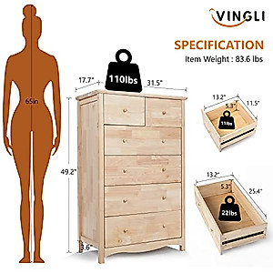 VINGLI Unfinished Natural Solid Wood 6 Drawer Dresser for Bedroom, Farmhouse Dressers & Chests of Drawers Color DIY Rubber Wood Tall Dresser with Full Extension Drawer Slides & Wood Knobs Rustic Style