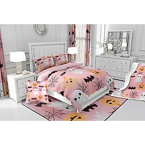 Erosebridal Pink Halloween Duvet Cover King, Pumpkin Lantern Bedding Set for Kids Girls, Cartoon Ghost Bat Comforter Cover Gothic Spooky Spider Web Bed Set Halloween Decoration with 2 Pilow Cases