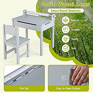 HONEY JOY Kids Table and Chair Set, Wooden Lift-Top Desk & Chair with Storage, Paper Roll Holder & Pen Slot, Activity Table Set for Craft Art, Children Furniture Set for Daycare, Playroom (Gray)