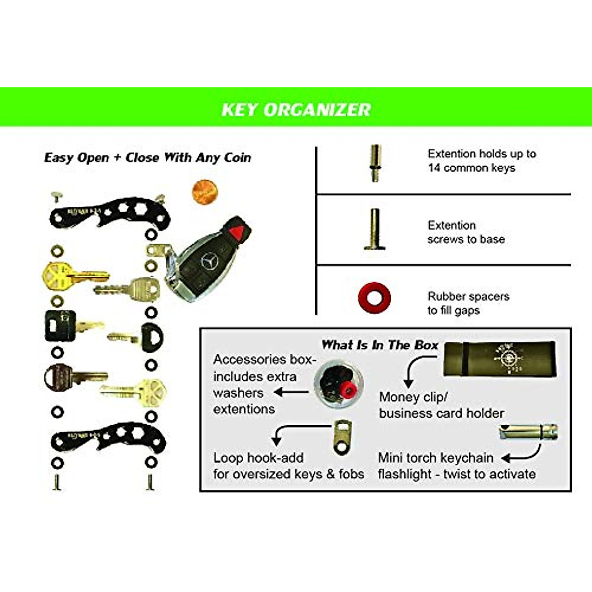 Beyond 9-2-5 Smart Key Organizer Keychain- Compact Pocket Holder Bar for 14 Keys-Multiple Key Chain Organizers-Flashlight, Bottle Opener and Multitool
