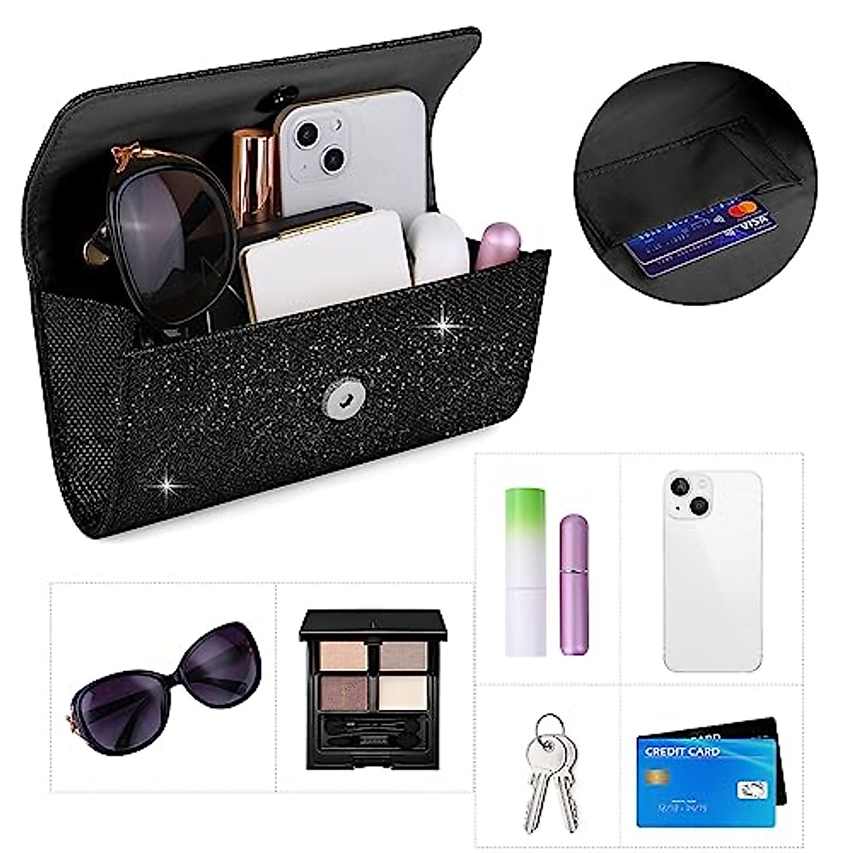 OSDUE Evening Bag Clutch Purses for Women, Glitter Bags, Sparkling Envelope Evening Bag with Detachable Chain, for Prom Wedding Party Banquet Date (Black)