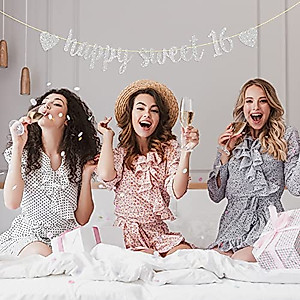 Dill-Dall Silver Glitter Happy Sweet 16 Banner, Cheer to16 Years Sweet Sixteen Decoration 16th Birthday Party Decorations