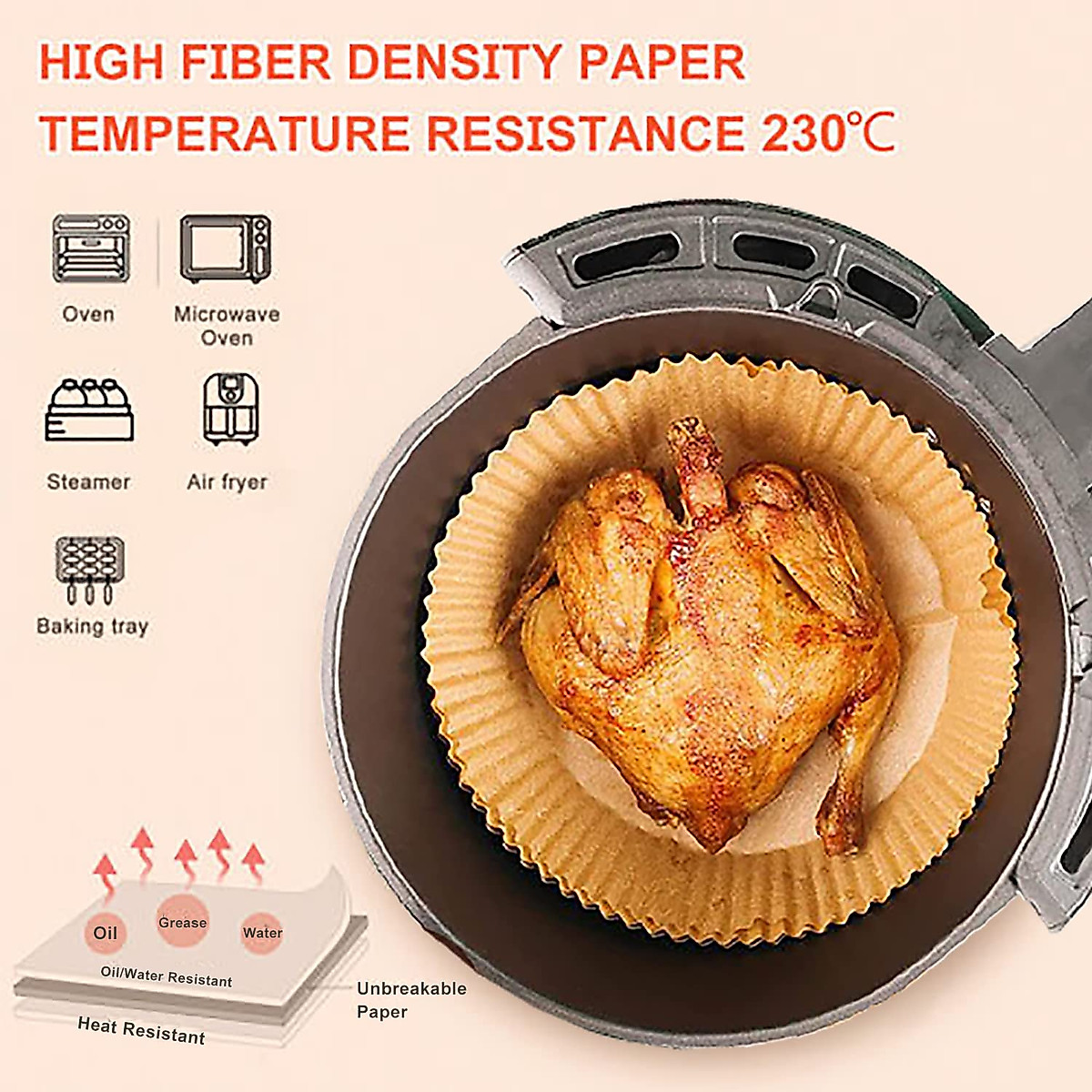 Air Fryer Disposable Paper Liner - 100PCS Round Food Grade Natural Parchment Non-stick Baking Paper For Air Fryer Water-proof, Oil-proof Flying, Baking Roasting Microwave (7.9in)