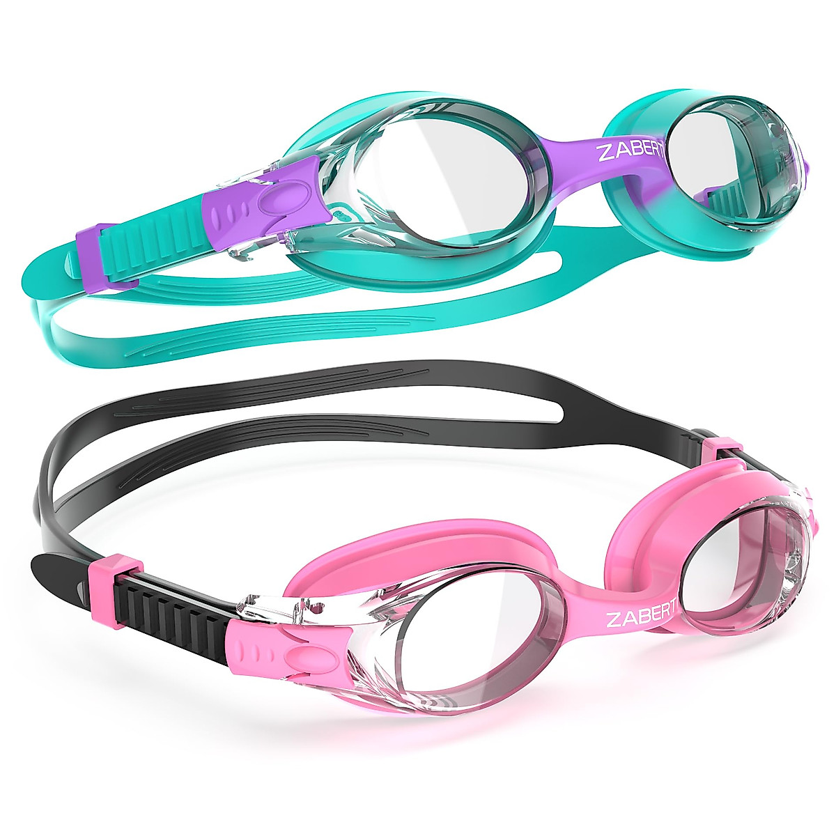 ZABERT 2 Pack Girls Swim Goggles, Swimming Goggles for Girl Kids Toddler Youth Junior Children Child Age 3 4 5 6 7 8 9 10 11 12 Years Anti Fog Teal Purple Black Pink