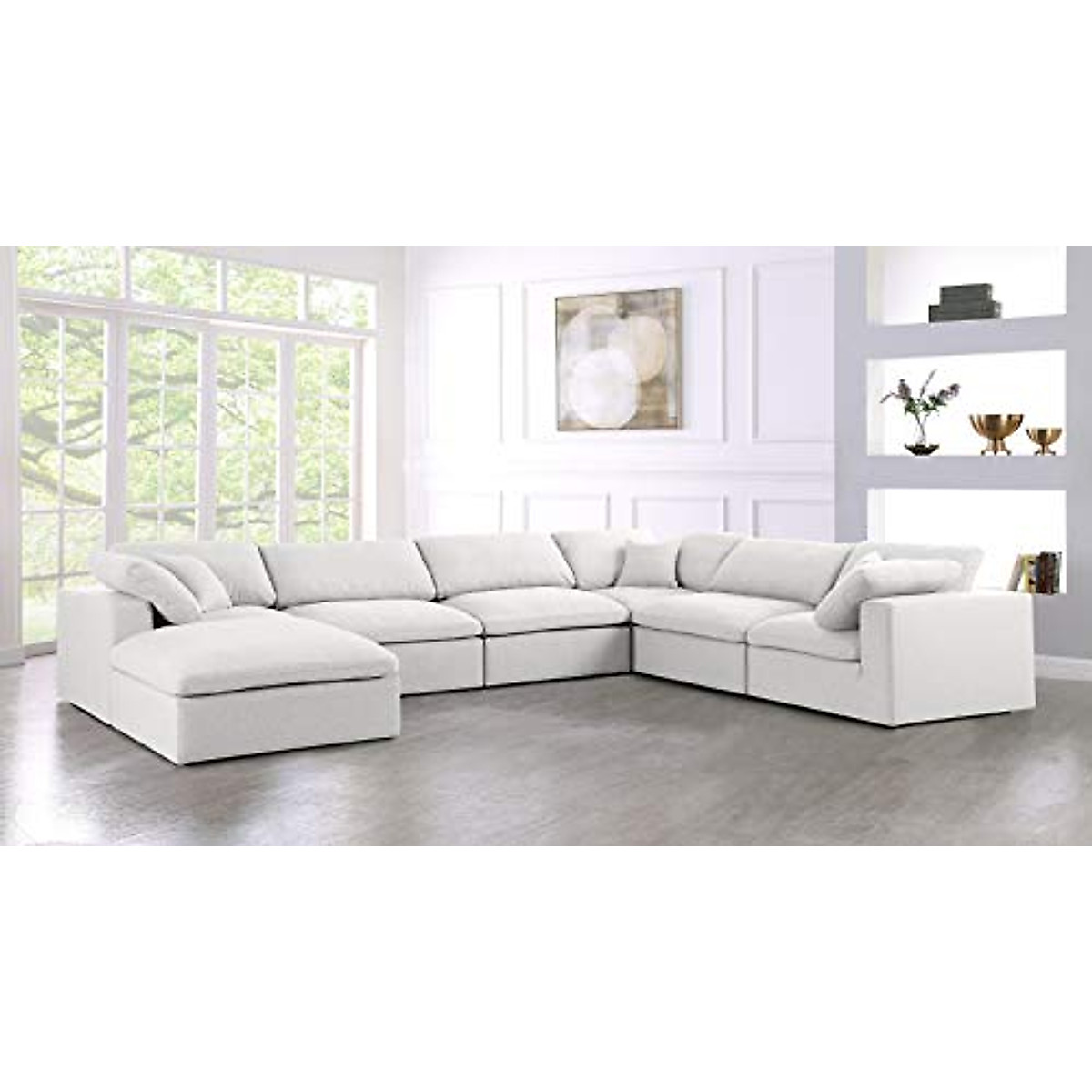 Meridian Furniture Serene Collection Modern | Contemporary Deluxe Comfort Modular Sectional, Soft Linen Textured Fabric, Down Cushions, 3 Corner + 3 Armless + 1 Ottoman, Cream