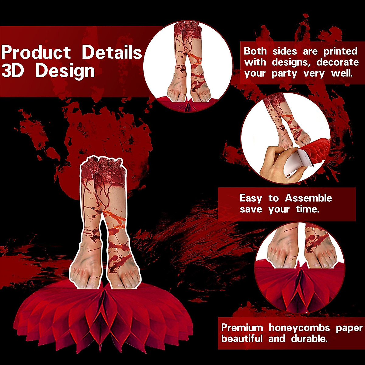 DARUNAXY Halloween Birthday Party Decorations, Red Halloween Happy Birthday Banner, Scary Handprint Balloons & Cake Topper, Horror Fake Broken Hands Dismember Honeycomb Hanging Swirl Balloons(36PC)