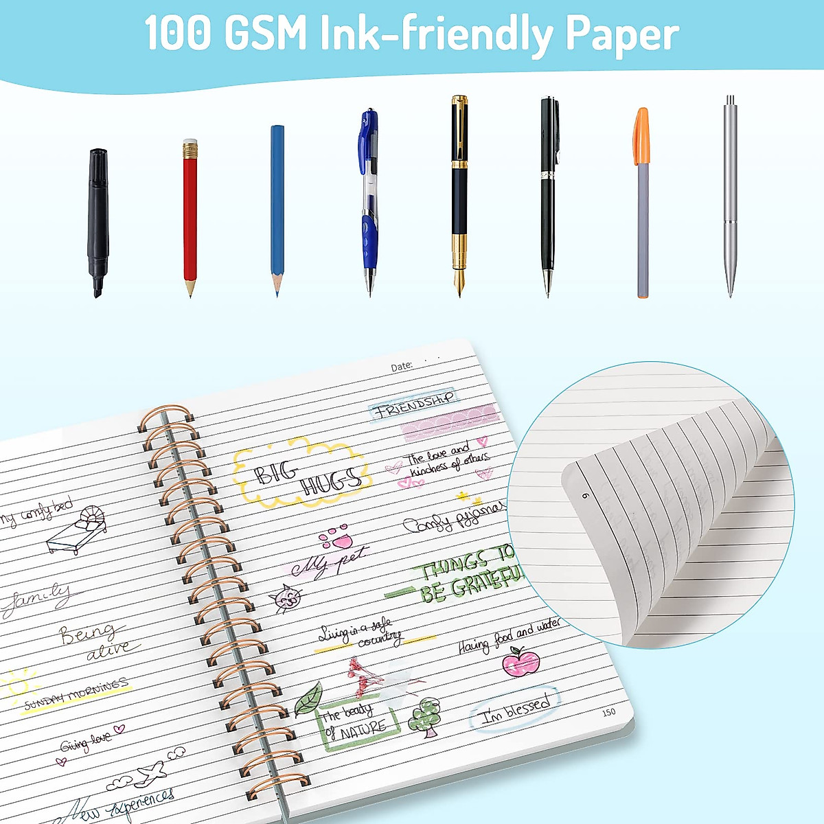 Forvencer Lined Spiral Journal Notebook with 300 Numbered Pages, B5 College Ruled Thick Journals for Writing with 100GSM Paper, Hardcover Notebooks with Contents for Work, School, Women, Men, Grey