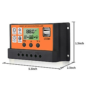 100A Solar Charge Controller 12V 24V PWM Auto Focus Tracking Solar Panel Charge Controller Regulator with Dual USB Port LCD Display Multiple Load Control Modes -Orange