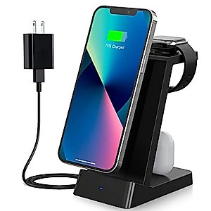 Wireless Charging Station,Wireless Charger Compatible with iPhone 14 Pro Max/13/12/11/X/8 Plus, 3 in 1 Fast Charging Stand Dock for Airpods 1/2/Pro, Apple Watch Series(with Adapter)