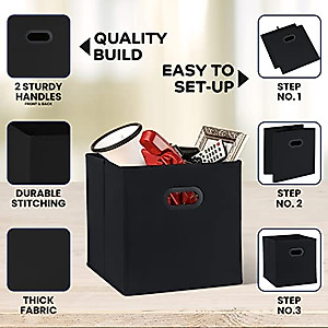 Pomatree 13x13x13 Storage Cube Bins - 6 Pack | Large and Sturdy, Dual Plastic Handles | Cube Storage Bins | Foldable, Closet and Storage Fabric Bin Baskets | Home and Office Organizers (Black)