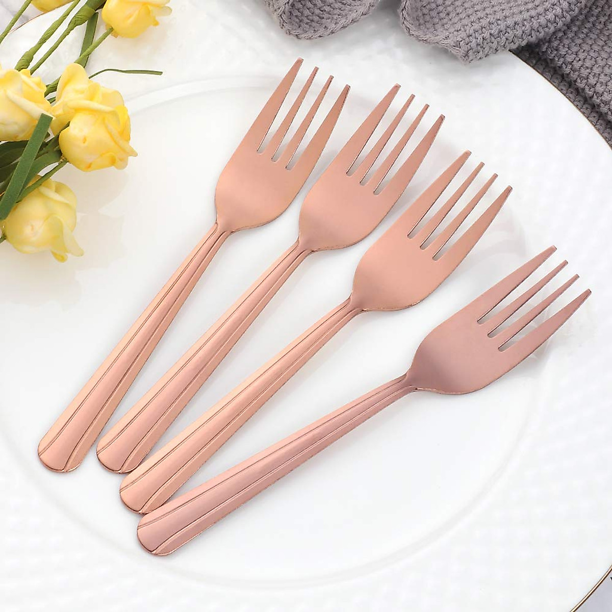 TUPMFG Salad Forks Set of 12, 6.2 Inch Stainless Steel Dessert Forks, Silverware Flatware Forks, Appetizer Forks with Clean Lines Handle for Tastings Cake Fruit, Dishwasher Safe- Rose Gold