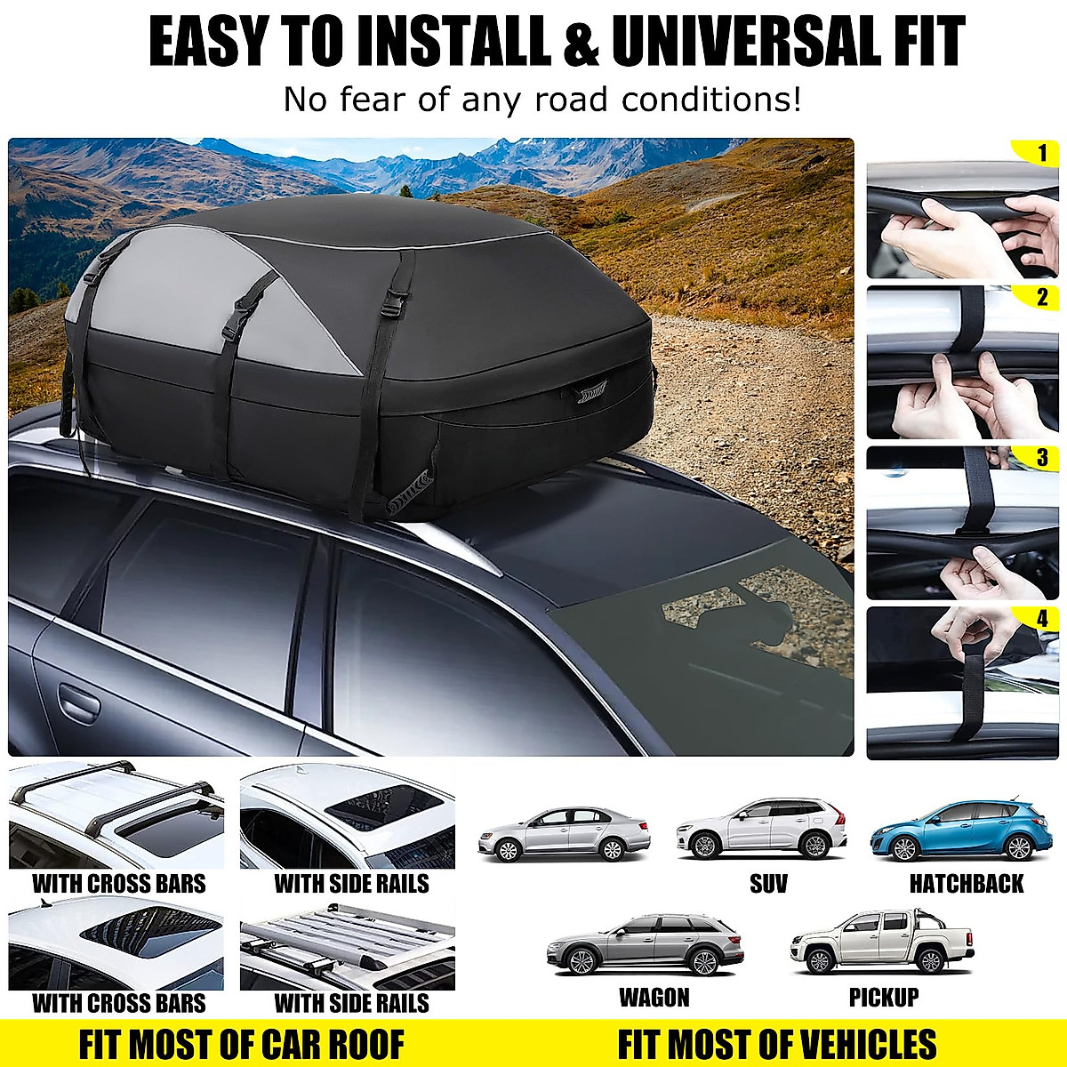 20 Cubic Car Rooftop Cargo Carrier Bag - Waterproof Heavy Duty Car Roof Bag for All Vehicle with/Without Racks - Easy to Install Soft Rooftop Luggage Carriers with Wide Straps
