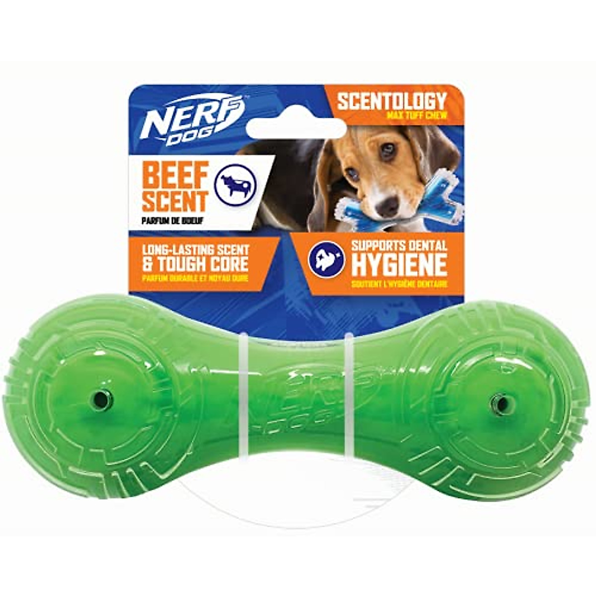 Nerf Dog 7in TPR/PP Scented Beef SuperScent Barbell Solid Core -Green/Clear
