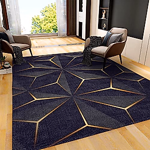 Modern Abstract Art Area Rug, Black Gold Geometry Rugs Floor Carpet, Indoor Non-Slip Rug for Room Sofa Living Room Mat Bedroom Home Decor Floor Mats 6.6' x 5.3'