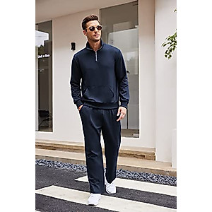 COOFANDY Men 2 Piece Workout Sweat Suit Casual Long Sleeve Gym Active Tracksuit Navy Blue