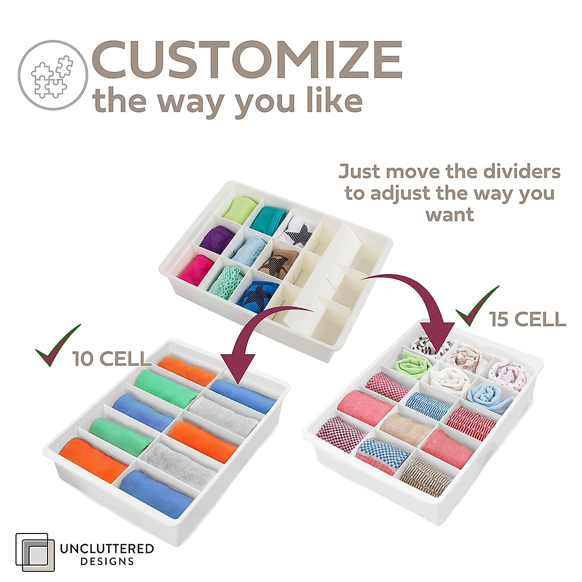 Uncluttered Designs Adjustable Drawer Dividers — Customizable Organization for Utility & Junk Drawers — Storage Solution for Kitchen and Office (White, 3 Pack)