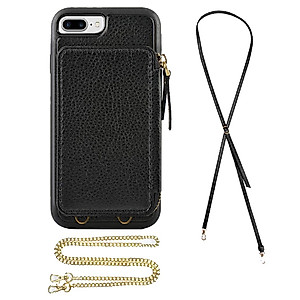 ZVE iPhone 7 Plus/8 Plus Wallet Case (Black)+ Black Replacement Strap