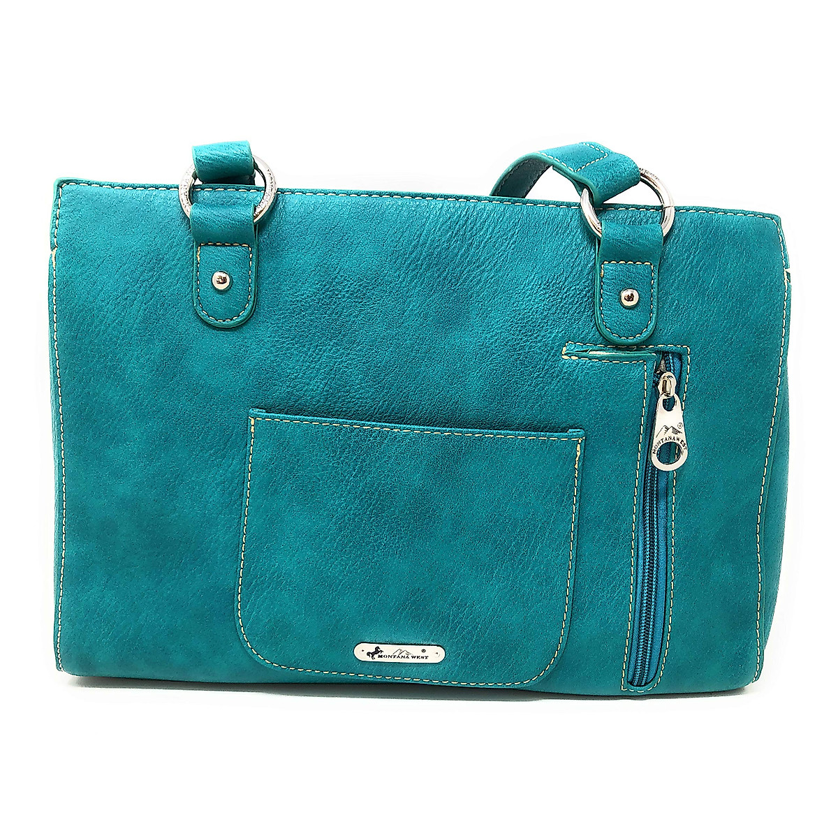 Set of Women's Concealed Carry Tote Double Flat Strap Purse with Laser Cutout Inlay with Matching Wallet (Turquoise)