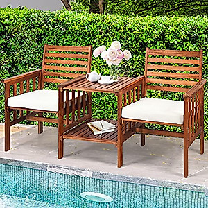 HAPPYGRILL Acacia Wood Loveseat with Table Patio Bistro Set Wooden Table Chairs Set with Cushions, Outdoor Furniture Set with 2.1-inch Umbrella Hole for Garden Balcony