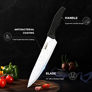 Meythway 𝐒𝐭𝐲𝐥𝐢𝐬𝐡 𝐖𝐡𝐢𝐭𝐞 𝐈𝐧𝐤-𝐒𝐩𝐥𝐚𝐬𝐡𝐞𝐝 Kitchen Knife Set - 6-Piece Razor Sharp Knife Set with Reducing Food Adhesion, Ergonomic Handles, Anti-Rust & Easy to Clean