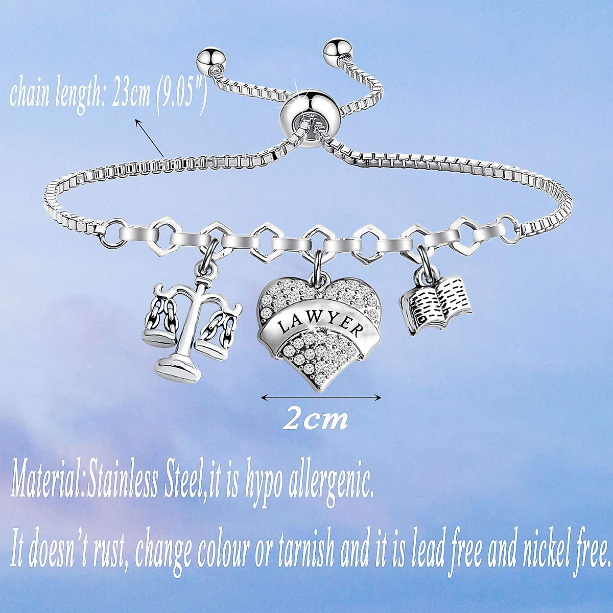 MYOSPARK Scales of Justice Lawyer Gift Lawyer Rhinestone Heart Bracelet Lawyer Attorney Jewelry Law School Graduation Gift (lawyer chain bracelet white)