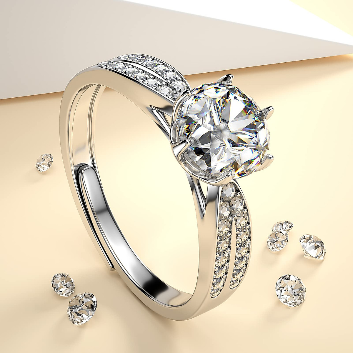 ATESSON 925 White Gold Plated Silver 1ct Round Prongs Simulated Diamond Solitaire Wedding Engagement Rings, Adjustable Stress Relief Ring for Women(Size 5-10)