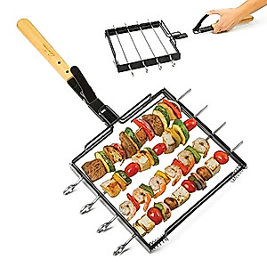 Camerons BBQ Skewer Rack Set - Includes Detachable Handle & 4 Non-Stick Stainless Steel Skewers for Grilling Barbecue Shish Kabobs, Meat, Vegetables & More - Great Father's Day Grilling Gift for Dad