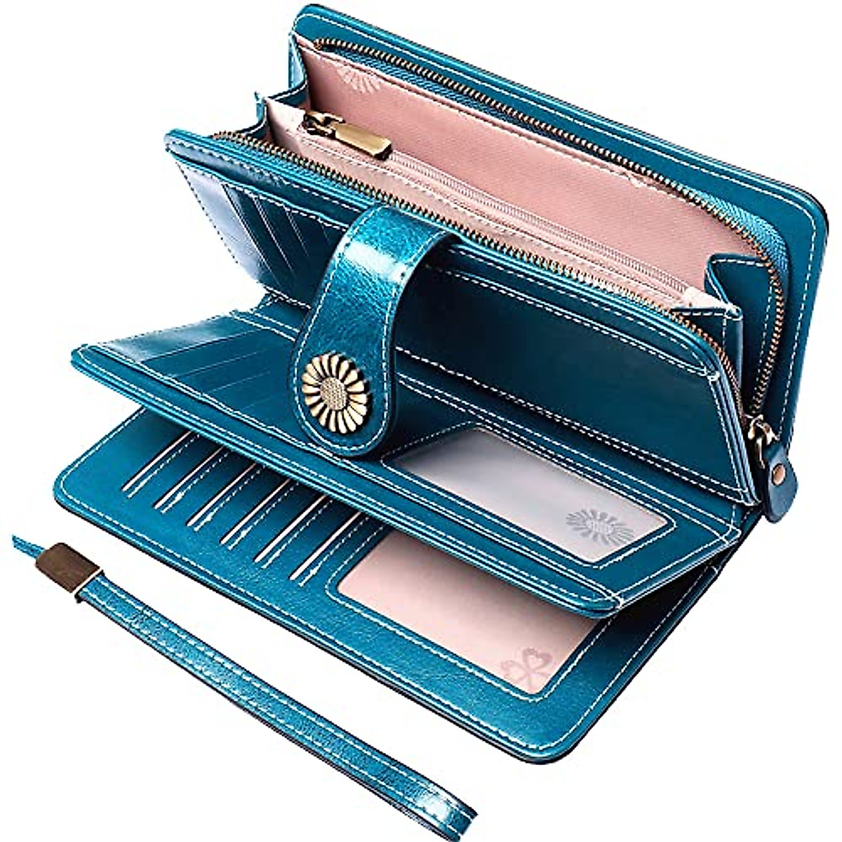 UMODE Large Capacity RFID Blocking Genuine Leather Wallets for Women with Wristlet Trifold Ladies Billfold with Zipper