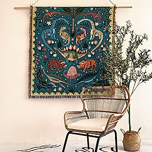 tiowik Dinosaur Animal Throw Woven Blanket with Tassel for Home Decoration Chair Couch Sofa Bed Beach Travel Picnic Cloth Tapestry Shawl Cozy Cotton (Navy Blue 63×51 Inches)