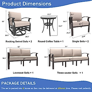 ALAULM Aluminum Patio Furniture Set with Propane Fire Pit Table Metal Outdoor Furniture w/Fire Pit Patio Conversation Sets w/5.1" Cushions and 7 Seats for Patio,Backyard,Poolside-Khaki