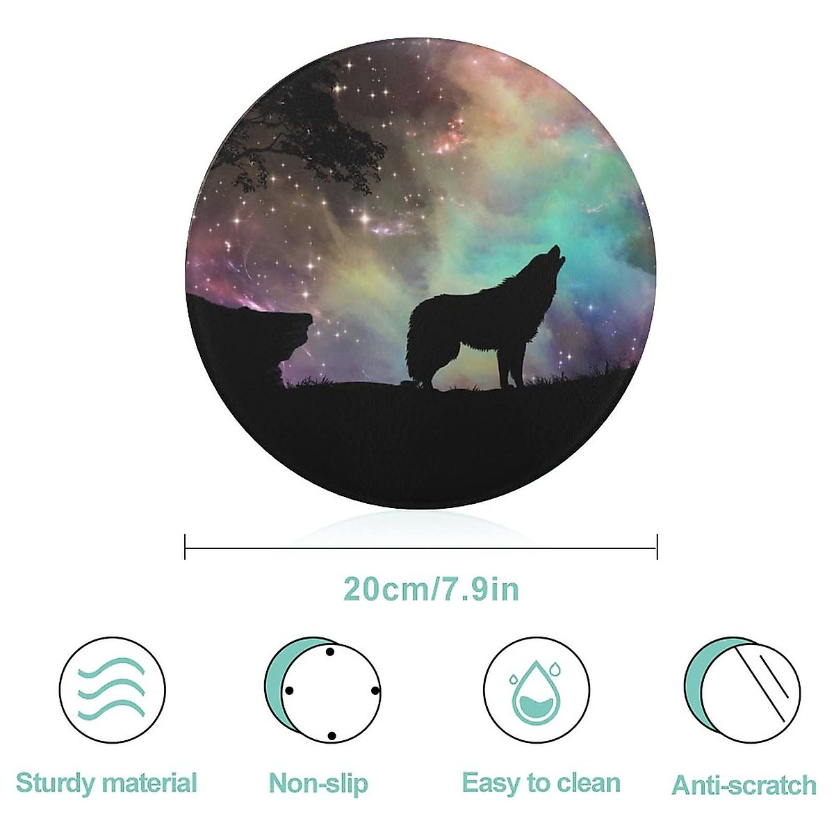 Bagea-Ka Space Starry Galaxy Wolf Animal Pattern Tempered Glass Cutting Board 8" Round Kitchen Decorative Chopping Board Small