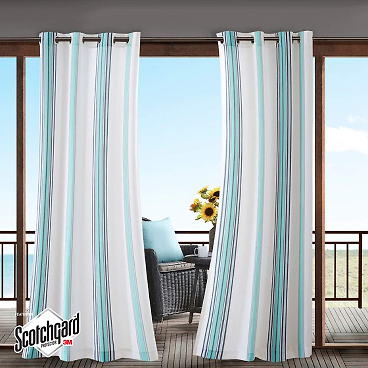 Madison Park Newport Striped Outdoor Single Window Curtain Panel for Garden with 3M Scotchgard for Moisture Repellent, Weather Resistant, Long-Lasting Protection, 1-Panel Pack, 54" W x 108" L, Blue