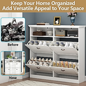 Loomie Shoe Cabinet with 4 Flip Drawers, Freestanding Shoe Storage Cabinet with Open Shelves, Hidden Slim Narrow Shoe Rack Cabinet, Shoe Organizer Cabinet for Entryway, Foyer, Hallway (White)