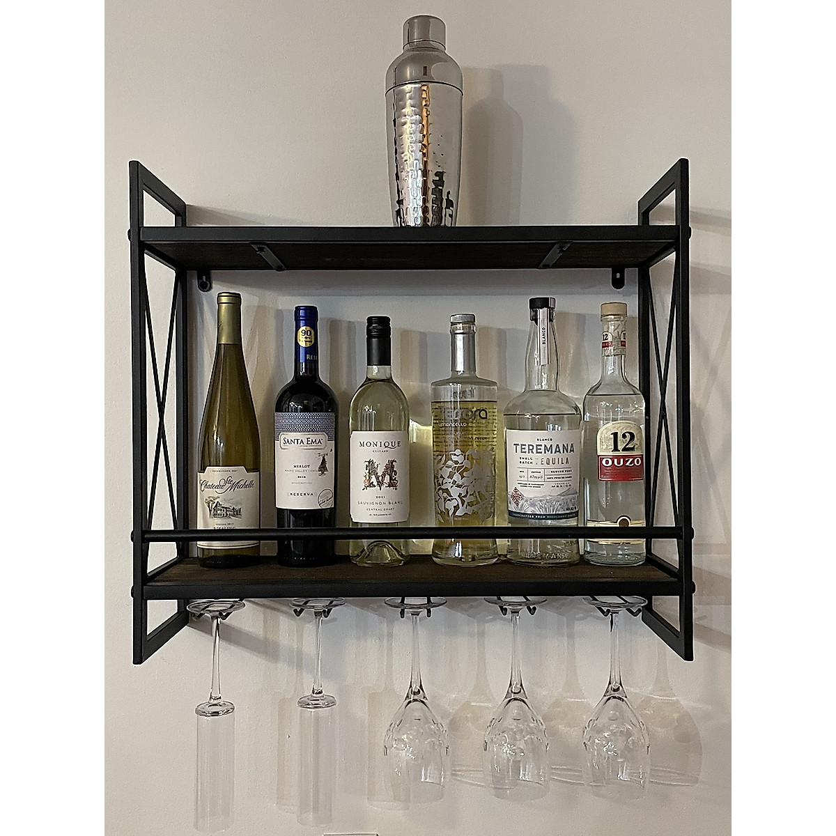 Spartan Saver Industrial Wall-Mounted Wine Rack with Wine Bottle Holder, Floating Bottle Storage Bar, and Wine Glass Holder