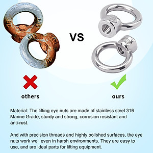 PAGOW 8pcs Stainless Steel 316 Lifting Eye Nut, 1/4" UNC Heavy Duty Marine Grade, Hardware Ring Shaped Eye Bolt