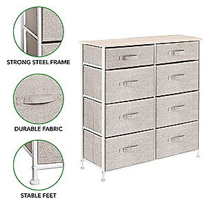 mDesign Tall Steel Frame/Wood Top Storage Dresser Furniture Unit with 8 Slim Removable Fabric Drawers, Large Bureau Organizer for Bedroom, Living Room, Closet - Lido Collection, Linen/Tan, Pack of 1