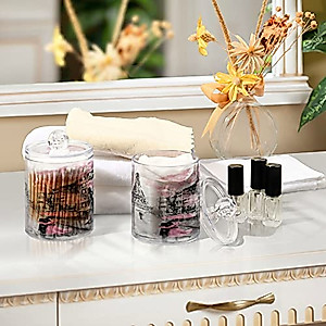 ALAZA Paris Eiffel Tower Artwork 2 Pack Qtip Holder Dispenser with Lid 14 Oz Clear Plastic Apothecary Jar Containers Jars Bathroom for Cotton Swab, Ball, Pads, Floss, Vanity Makeup Organizer