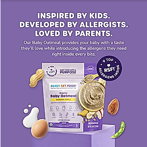 Ready, Set, Food! Organic Baby Oatmeal Cereal | Banana Apple | Organic Baby Food with 9 Top Allergens: Peanut, Egg, Milk, Cashew, Almond, Walnut, Sesame, Soy & Wheat | Unsweetened | Fortified with Iron | 15 Servings