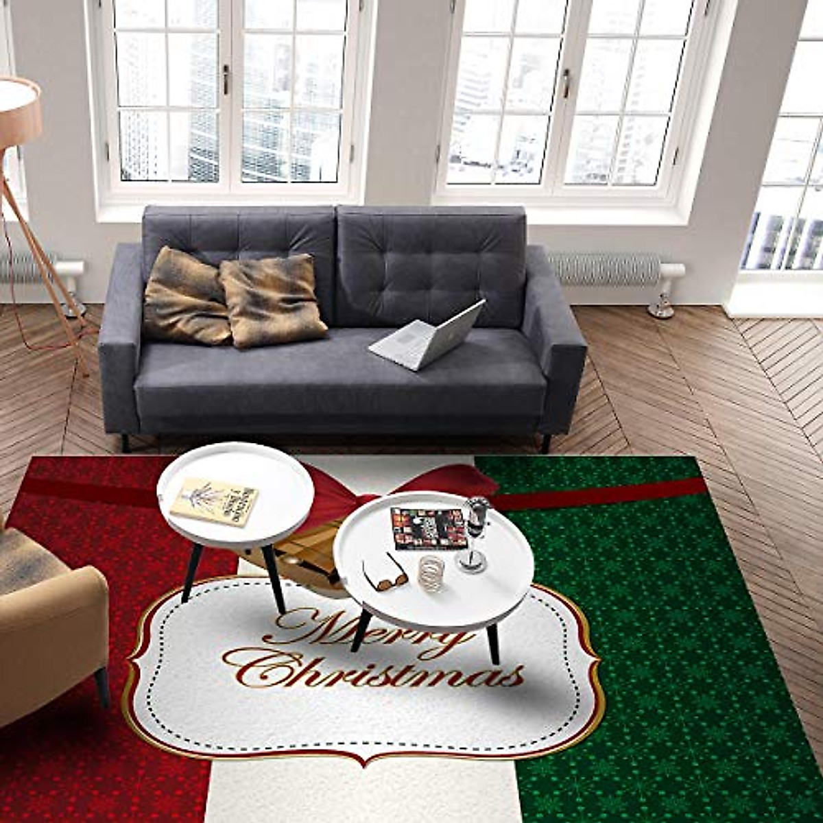 Area Rug Absorbent Non-Slip Rectangle Rug Merry Christmas Bells and Snowflakes Rugs for Living Room Bedroom Kitchen Entryway, Soft Floor Mat Indoor Carpet Accent Rugs 3x5 Feet