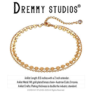 Dremmy Studios Dainty Gold Ankle Bracelets Coin Anklet for Women, 14k Gold Plated Double Layered Disc Link Chain Anklets Jewelry