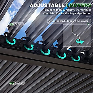 MELLCOM 10' × 20' Louvered Pergola with Adjustable Aluminum Rainproof Roof, Outdoor Hardtop Gazebo for Patio, Lawn & Garden, Curtains and Netting Included, Dark Gray