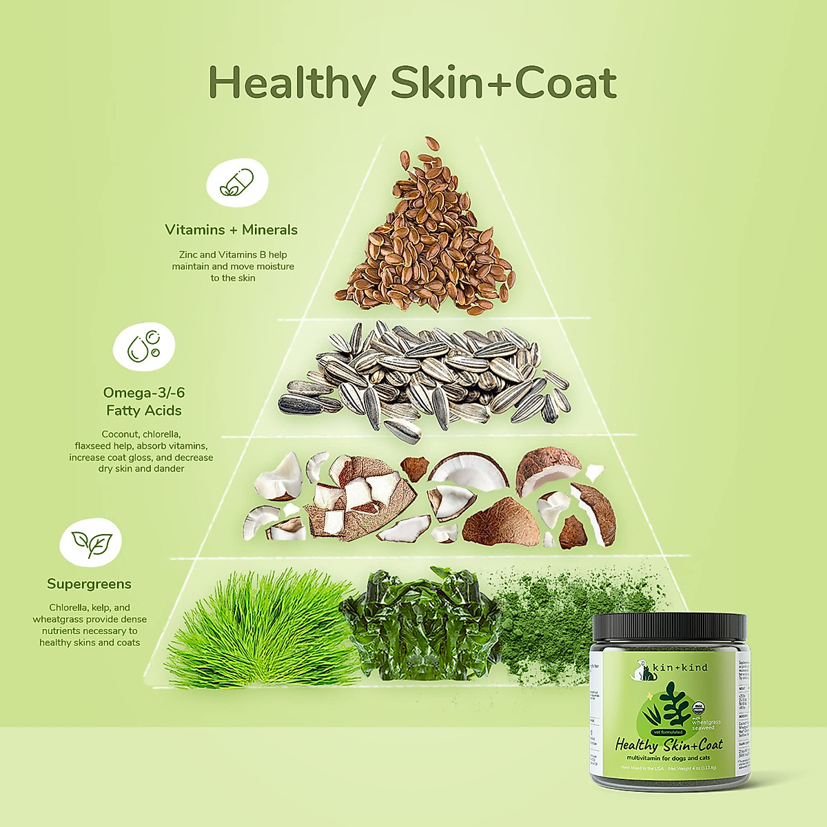 kin+kind Organic Multivitamin for Dogs & Cats - Vitamins and Supplements for Healthy Skin and Coat - Natural Formula with Wheatgrass, Kelp, Flax Seed, Seaweed and Coconut - Large 8 oz - Made in USA