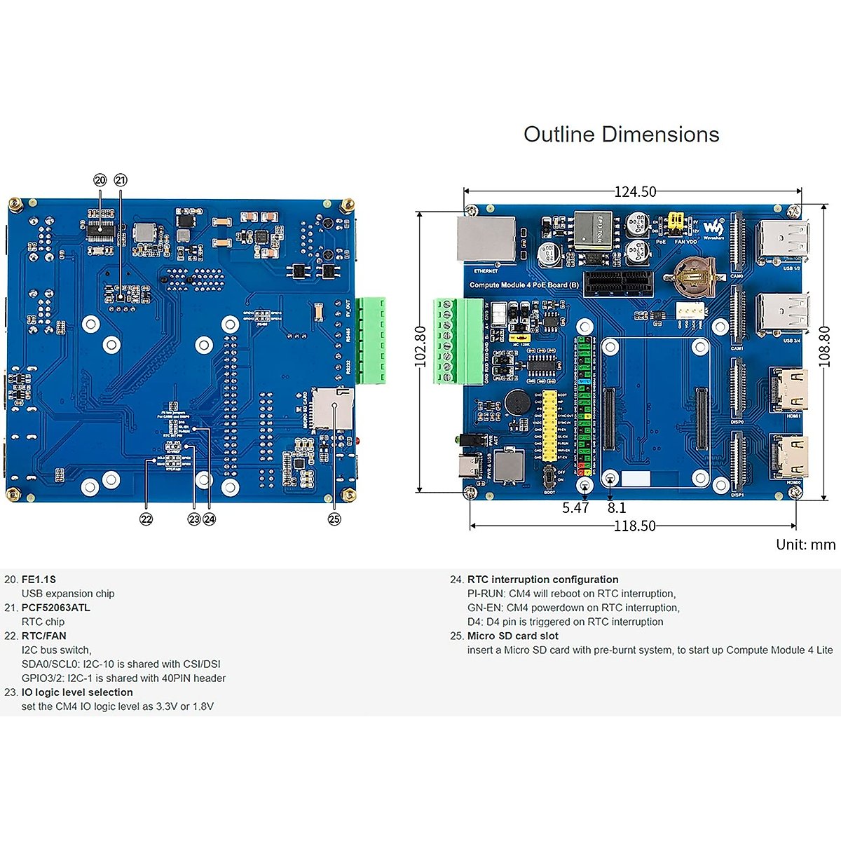 Compute Module 4 IO Board with PoE Feature (B) for All Variants of Compute Module 4，Integrates 802.3af-Compliant PoE Circuit,with Rich Peripheral Connectors (CSI/DSI/HDMI/USB/ETH/PCIe/RS232/RS485)