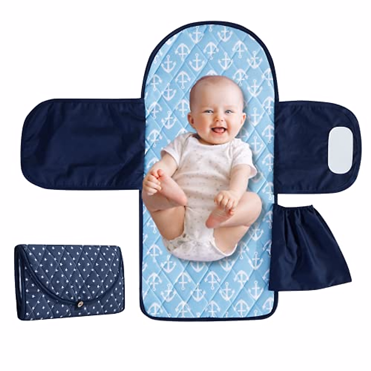 Diaper Changing Pad with Protecting Wraps, Portable Changing Pad for Moms & Dads, Baby Changing Pad as Baby Gifts for Shower, Travel, Newborn Boys, Dark Blue Stars - Light Blue Anchor