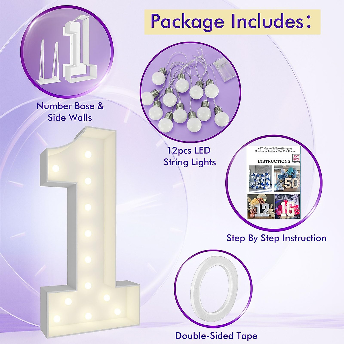 4FT Light Up Numbers Pre-Cut Frame Giant Marquee Numbers 1, Mosaic Numbers for Balloons, First 1st 21st Birthday Anniversary Decorations Party Decor