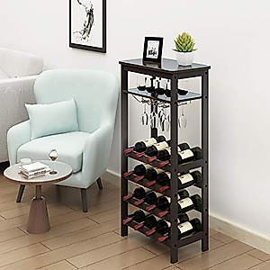 URFORESTIC Bamboo Wine Rack Free Standing Wine Holder Display Shelves with Glass Holder Rack, 16 Bottles Stackable Capacity for Home Kitchen