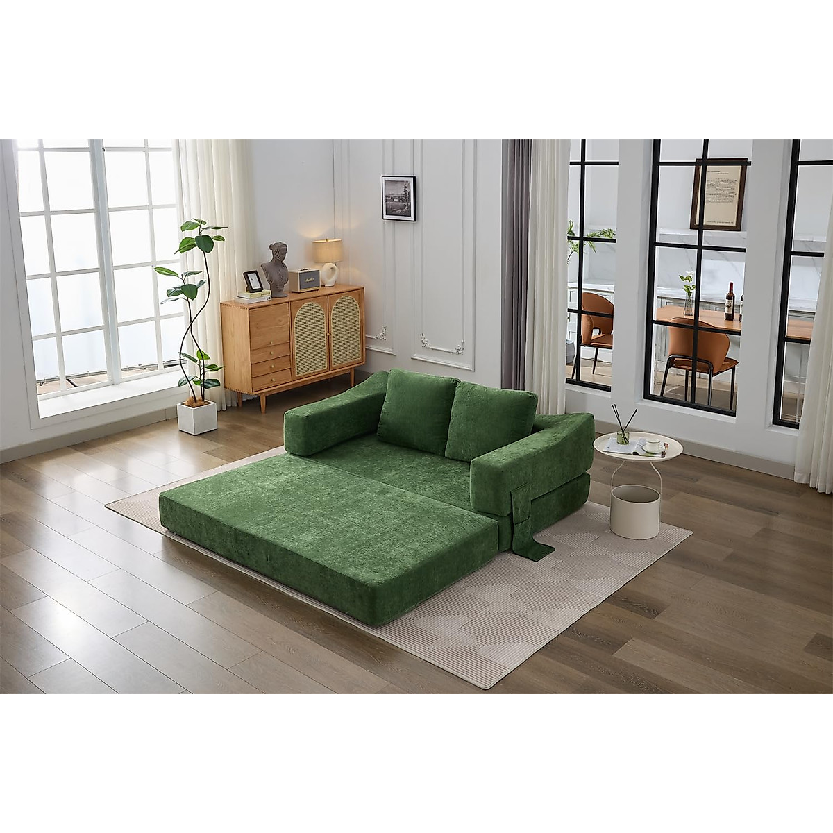 LUMISOL 70" Folding Pull Out Sofa Bed, Convertible Futon Sofa Bed with Removable Armrests & Side Pockets, Portable Foldable Floor Sleeper Sofa Couch with 2 Pillows for Living Room, Green