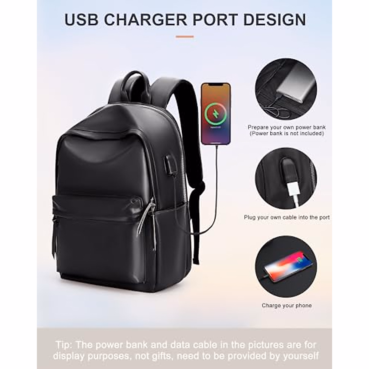 Laptop Backpack Women, Faux Leather Work Travel Backpack for Men with USB Port, Waterproof Fashion Casual Daypack for Business University, Large Capacity Carry On Backpack for Airplanes, Black