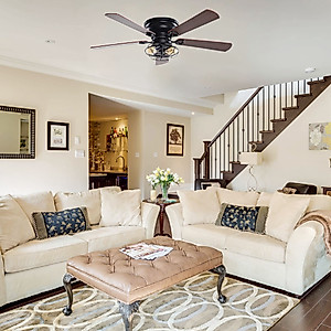 Parrot Uncle Ceiling Fans with Lights and Remote Flush Mount Ceiling Fan with Light for Bedroom Black Low Profile Ceiling Fan, 48 Inch